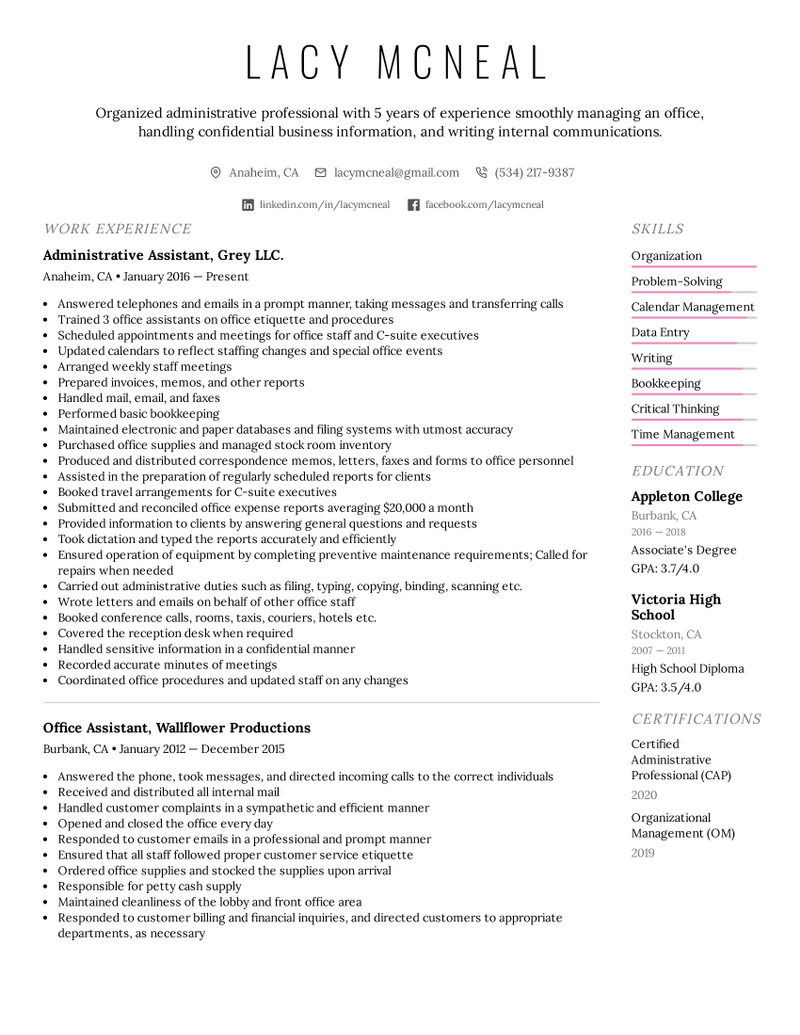 Example Summary Resume Administrative Assistant Sutajoyo